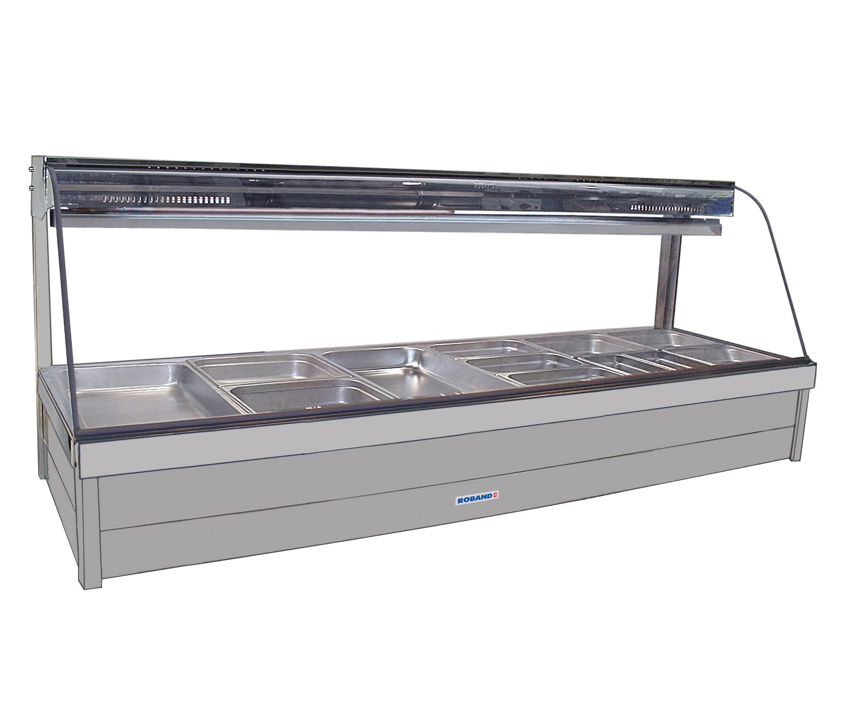 Roband Curved Glass Hot Food Display Bar, 12 pans double row with roll